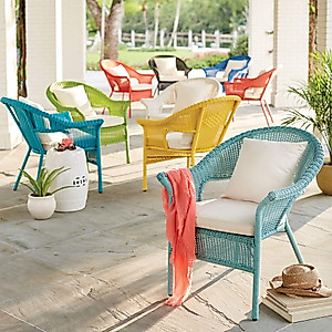 BrylaneHome Outdoor Weather Resistant Roma Hand-Woven Resin Wicker Stacking Chair + Free Seat & Back Cushions for Home, Backyard, Deck, Patio (250 Lb Capacity) - Coral