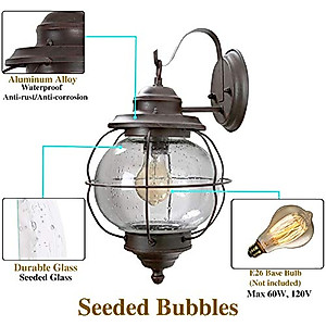 LNC Exterior Porch Light Fixture,17" Large Size Globe Seeded Glass & Metal Cage Frame for Garage, Hallway and Patio, Rustic Bronze Outdoor Wall Sconce