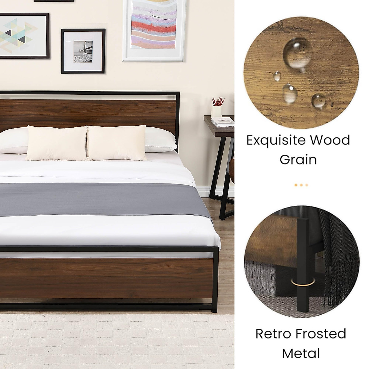 Queen Size Metal Bed Frame,Industrial Platform Queen Bed Frame with Headboard and Footboard,Mattress Foundation with Strong Steel Slat Support,11" Under Bed Storage Space,Easy Assembly