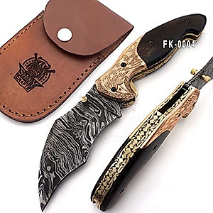 SHINY CRAFTS -Damascus Pocket Knife Knives For Men OTF Knife Survival Knife- Folding Knives - Everyday Carry - PlainEdge - Leather Sheath (FK 04)