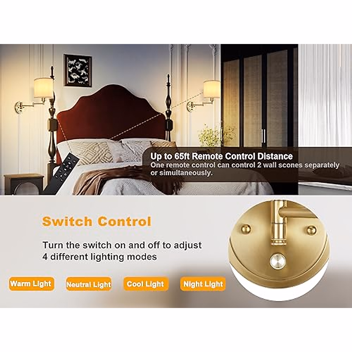 Plug in Wall Sconces with Remote Control, Dimming 10%-100% & Adjustable Colors 2700K-6500K, Hardwire or Plug-in, Swing Arm Wall Lamp with White Fabric Shade, Wall Sconces Set of Two, Gold Finish