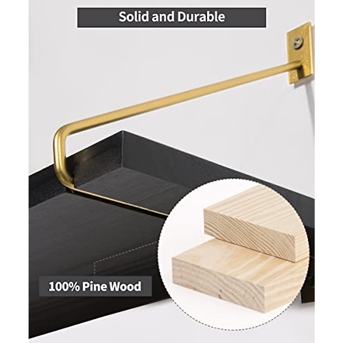 Gronda Black Floating Shelves Set of 2, Black Gold Wall Shelves Minimalist Modern Wall Decor Wooden Bookshelves Trophy Display Storage Plants Floating Shelves Wall Mount Living Room Bedroom Bathroom