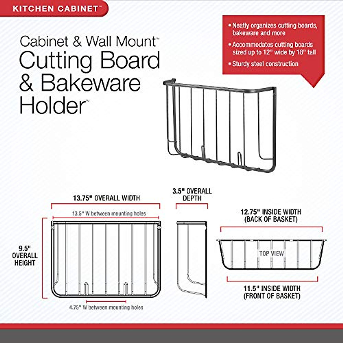 Spectrum Diversified Ashley Cabinet & Wall-Mounted Board & Bakeware Holder, Cookie Sheet Cutting Board Organizer for Cabinet, Baking Accessory Storage & Organization, Satin Nickel