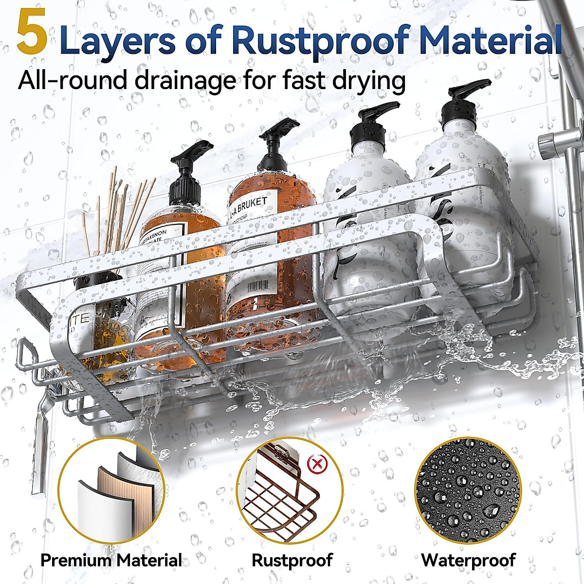 YASONIC Adhesive Shower Caddy, 6 Pack Shower Organizer with Soap Holder - No Drilling, Rustproof Shower Shelves, Shower Organizers and Storage for Inside Shower, Silver