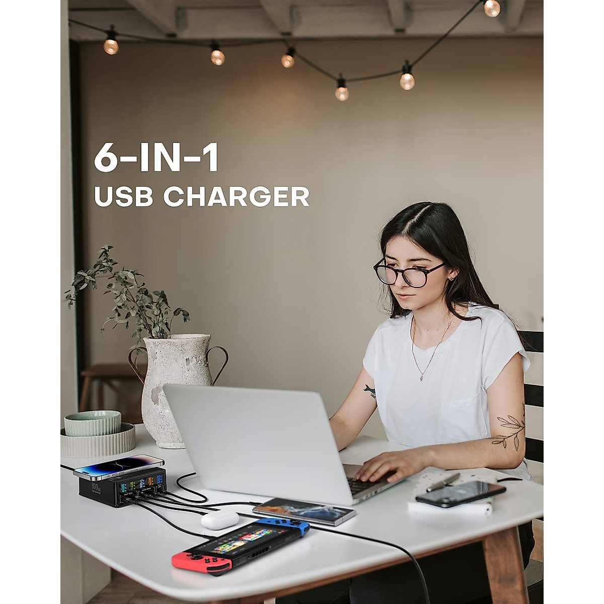 ASOMETECH Charging Station, 160W 5-Port USB C with 65W PD, QC3.0, Wireless Charger, LCD Display for MacBook, Laptop, iPad, iPhone, Samsung
