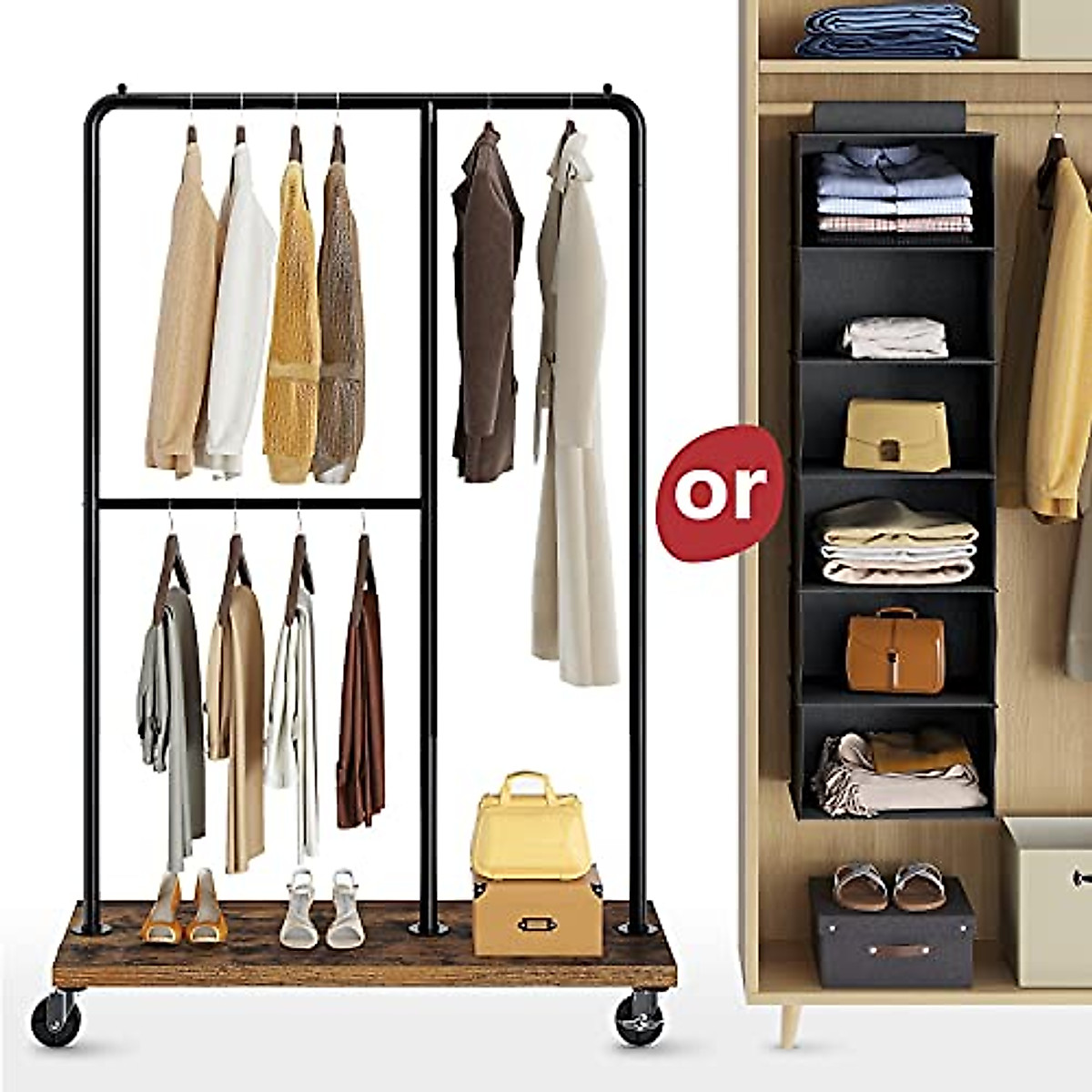 Rolanstar Clothing Garment Rack with Hanging Closet Organizer, Adjustable Heavy Duty Clothes Rack, with Rolling Wheels and 2 Brakes, Great for Living Room, Bedroom