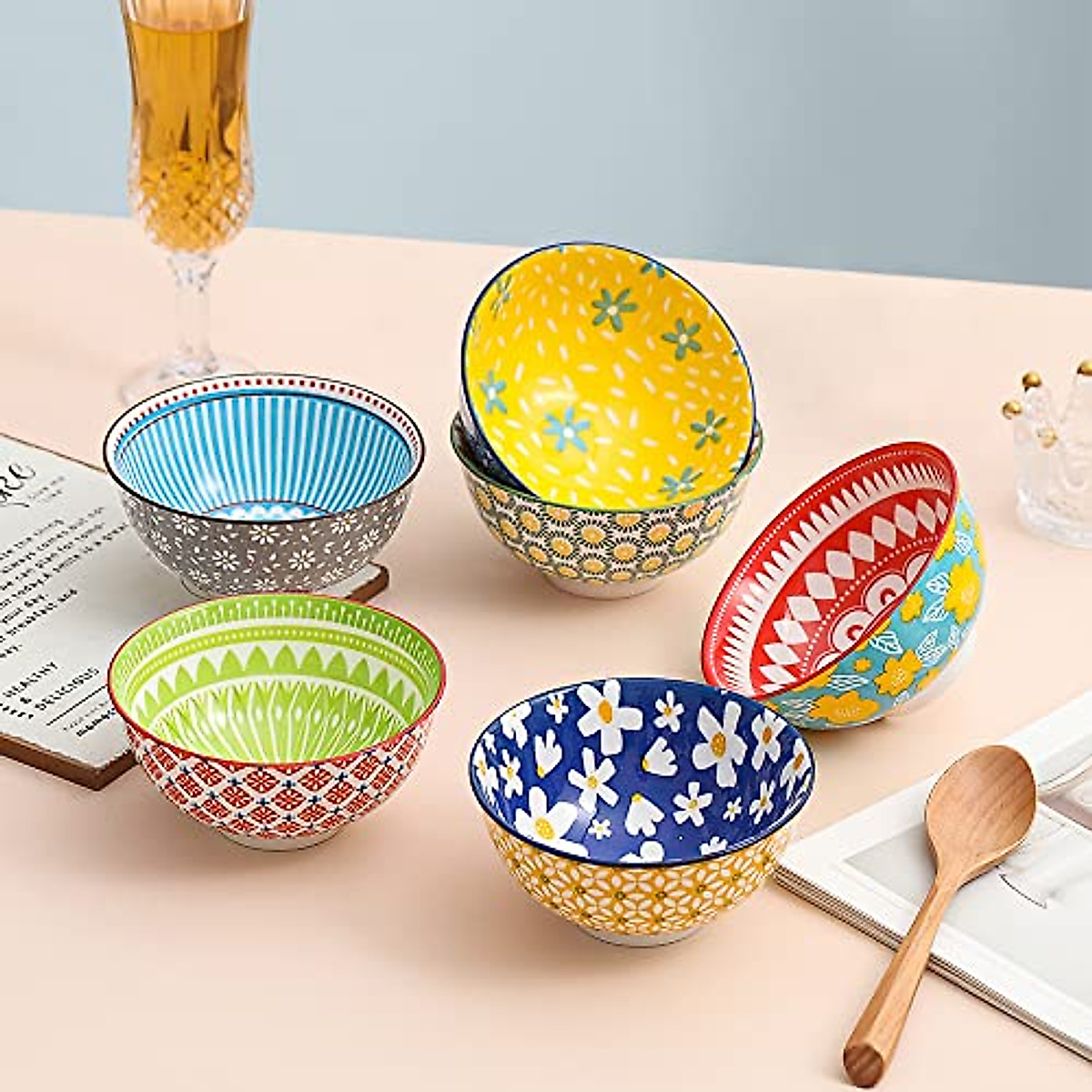 Ceramic Bowl Set Small Bowls - Porcelain Dessert Bowls 10 oz - 6 Little Bowl for Rice | Soup | Snack | Side Dishes | Yogurt | Ice Cream - Coloful Cute Bowl Sets Microwave | Dishwasher Safe - 4.75 Inch