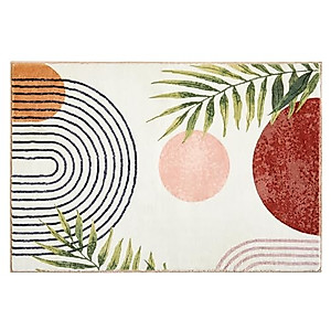 RoomTalks Boho Cute Bathroom Rugs Bath Mat Non Slip Washable, Modern Abstract Geometric Shape with Tropical Leaves 2x3 Small Area Rug for Bedroom Kitchen, Neutral Contemporary Retro Indoor Entry Rug
