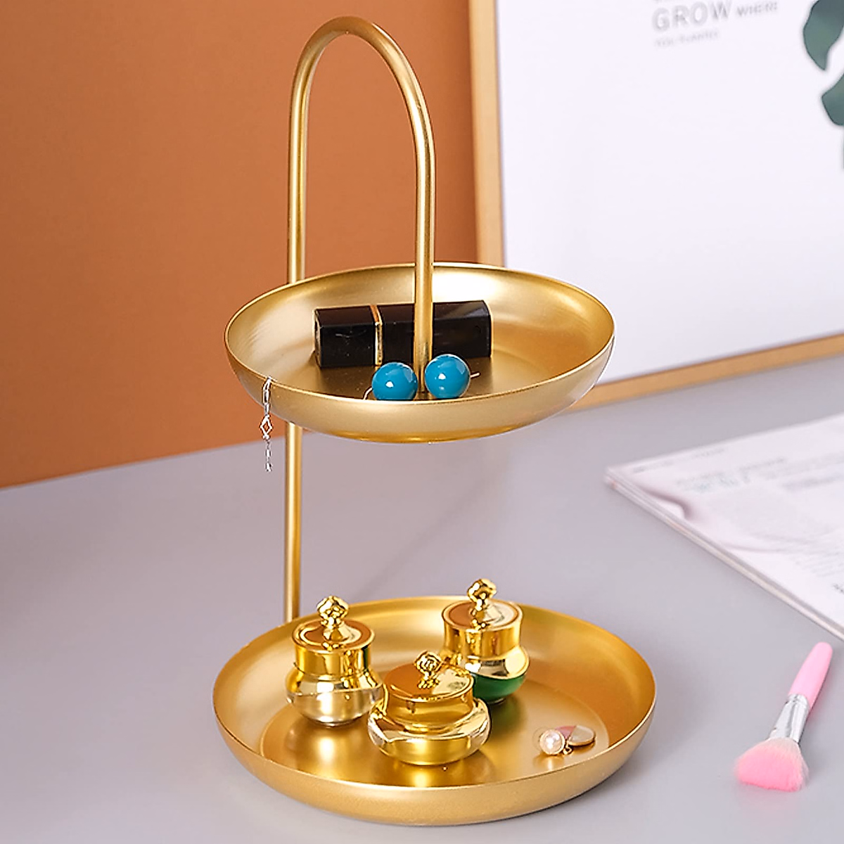 GSWPIP 2 Tier Multi Function Tray, Pantry Organization and Storage, Iron Organizer Fruit Serving Tray for Kitchen for Coffee Table Party(Gold)