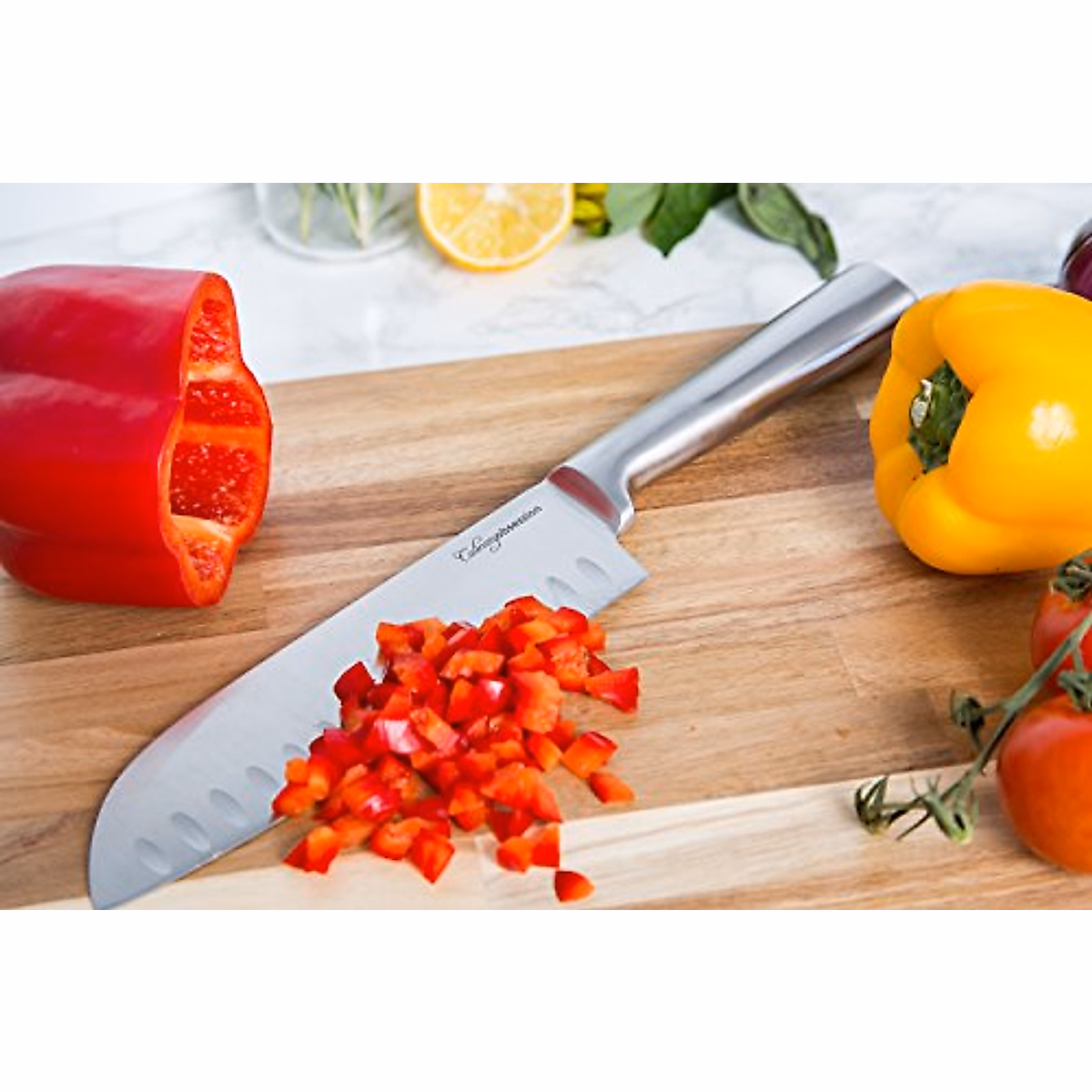 Knife Block Set - 17 Pieces - Includes Solid Wood Block, 6 Stainless Steel Kitchen Knives, Set of 8 Serrated Steak Knives, Heavy Duty Poultry Shears, and a Carbon Steel Sharpening Rod