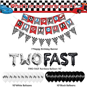WERNNSAI Two Fast 2nd Birthday Party Supplies - Racing Car Theme Party Decorations for Boy Race Fans Including Happy Birthday Banner, ‘Two Fast’ Black Silver Mylar Foil Balloon, Latex Confetti Balloon