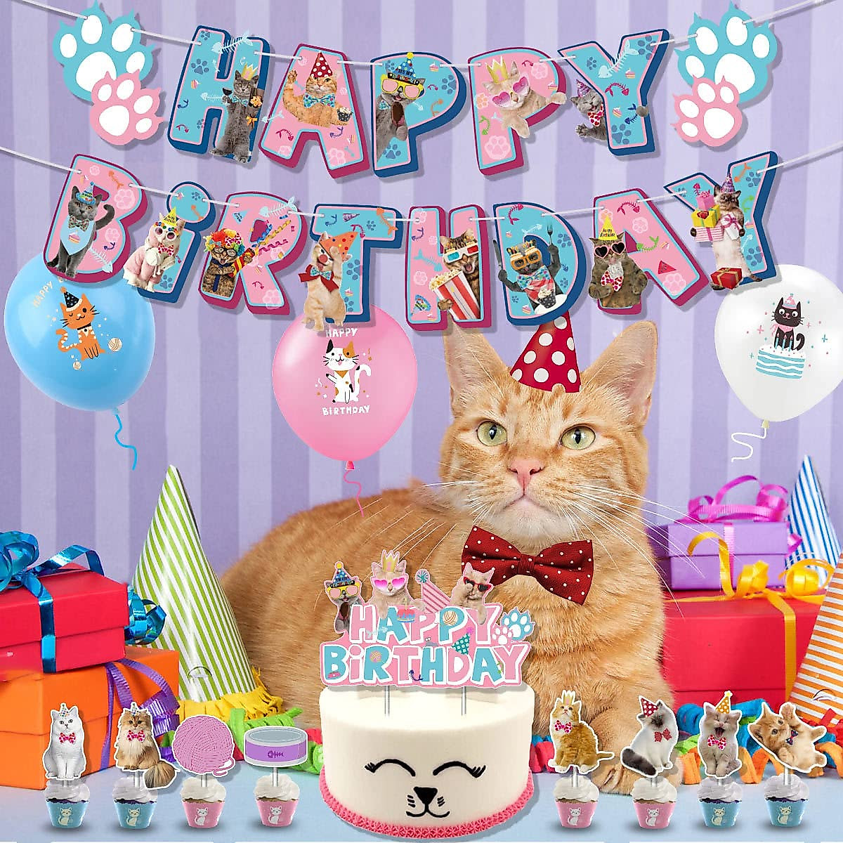 Cat Birthday Decorations Cat Themed Birthday Party Supplies Cat Face Happy Birthday Banner Cat Print Balloon Cake Toppers Cat Lover Kids Cat Theme Birthday Party Pet Adoption Party Decorations