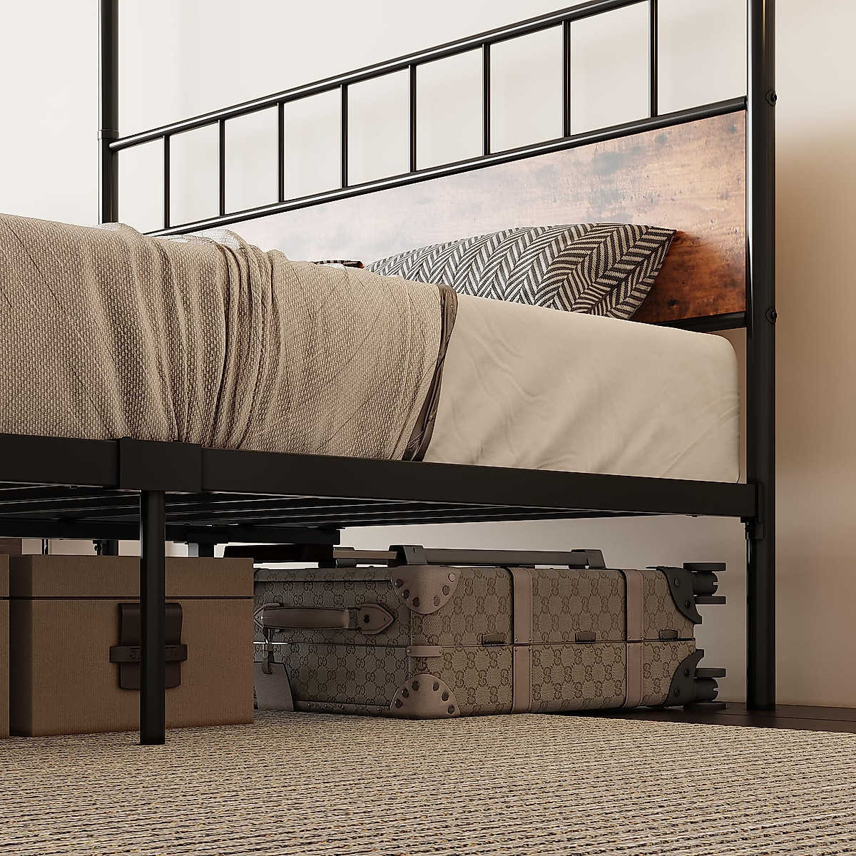 LIKIMIO Canopy Bed Frame King with Wooden Headboard and Drawer, King Size Bed Frame with 4 Removable Sturdy Posts, Noise Free, No Box Spring Needed, Vintage Brown