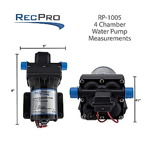 RecPro RV 4 Chamber Water Pump | Quiet Running | 12V DC | 45 PSI | 8.0AMP | Self Priming (With Strainer, No Silencer)