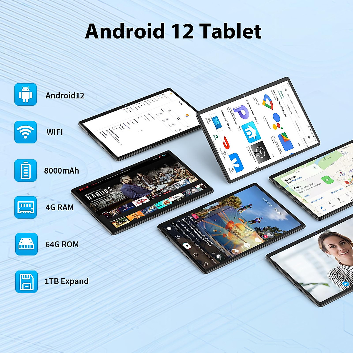 Relndoo Android Tablet, 10.1 Inch Android 12 Tablet with 8000mAh Battery, 4GB RAM 64GB ROM, 1TB Expand, GMS Certified, HD Screen, Dual Camera, WiFi, Bluetooth