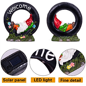 Ottsuls Solar Gnome Garden Statues for Outdoor, Resin Welcome Dwarf with Tyre&LED Lights, Sculpture Decor for Patio, Porch, Balcony, Yard, Lawn Ornament - Unique Holidays/Birthday Gift