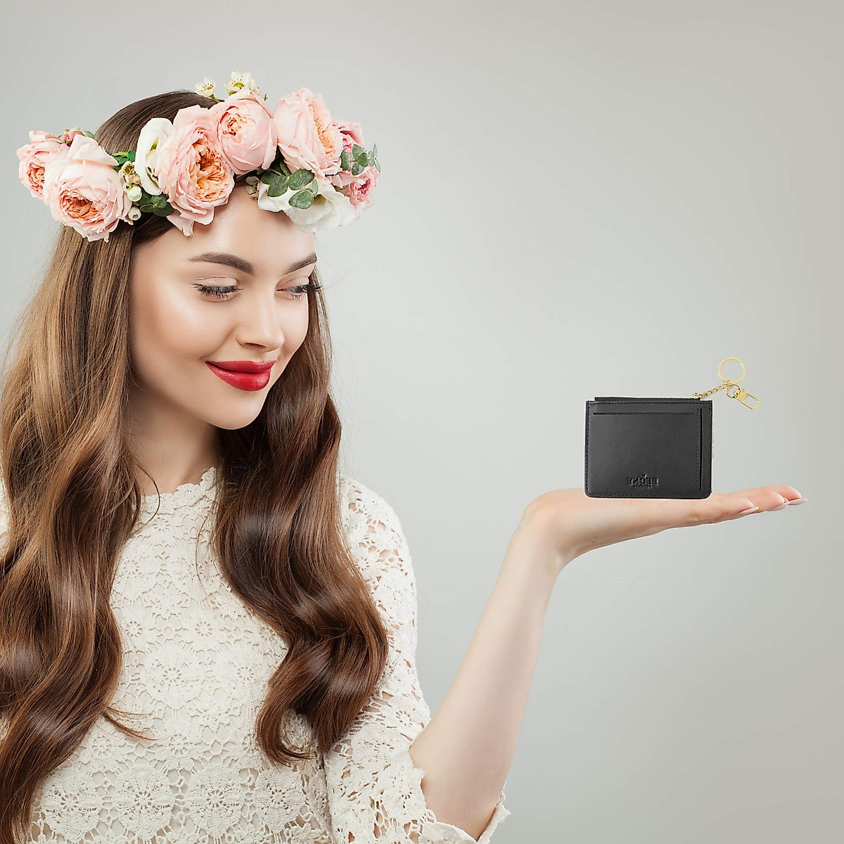 PEONY SUPREME Leather Card Holder Wallet Credit Card Holder Small Compact Wallet Coin Pouch Purse Key Pouch Gift for Women Gift for Men Black