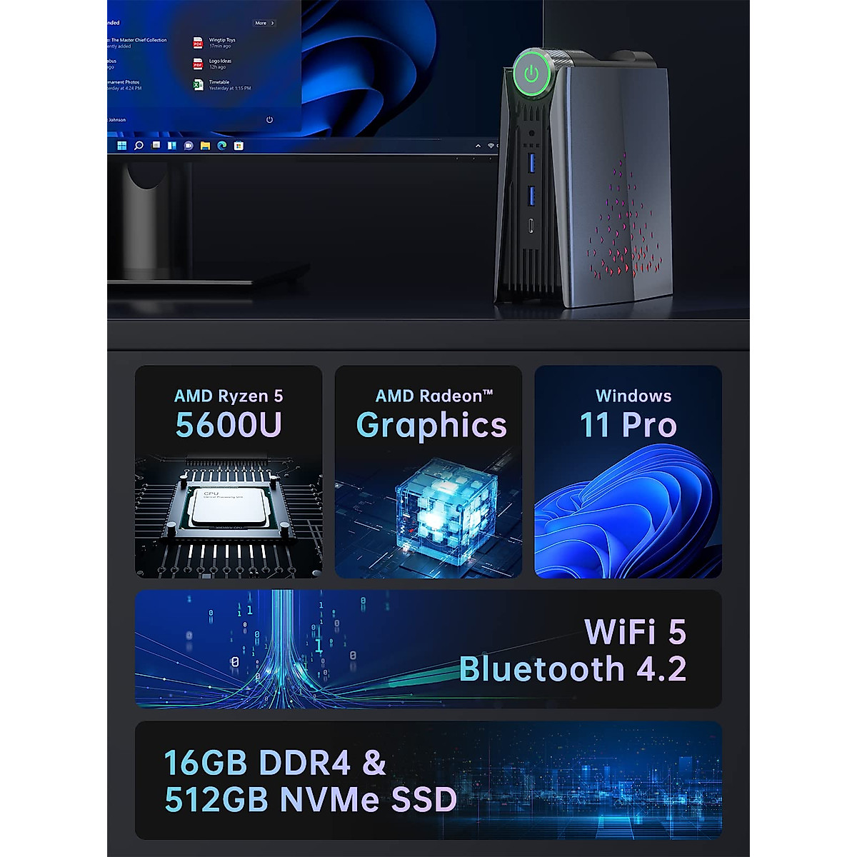 ACEMAGICIAN Mini PC, AMD Ryzen 5 5600U, 16GB DDR4 RAM, 512GB SSD, Windows 11 Pro, RGB Light, WiFi 5 Bluetooth 4.2, 3 Screens Display, HDMI, DP, Type C Port