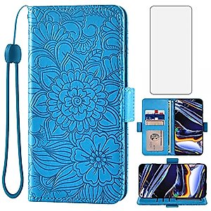 Asuwish Compatible with Oppo Realme 7 Pro Wallet Case and Tempered Glass Screen Protector Card Holder Stand Magnetic Wrist Strap Detachable PU Leather Flip Phone Cover for Realme7 7Pro Women Men Blue