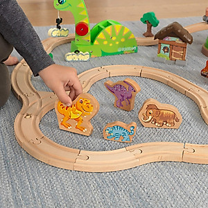 KidKraft Dinosaur Bucket Top Portable Wooden Train Set with 56 Pieces and 9 Feet of Track, Gift for Ages 3+