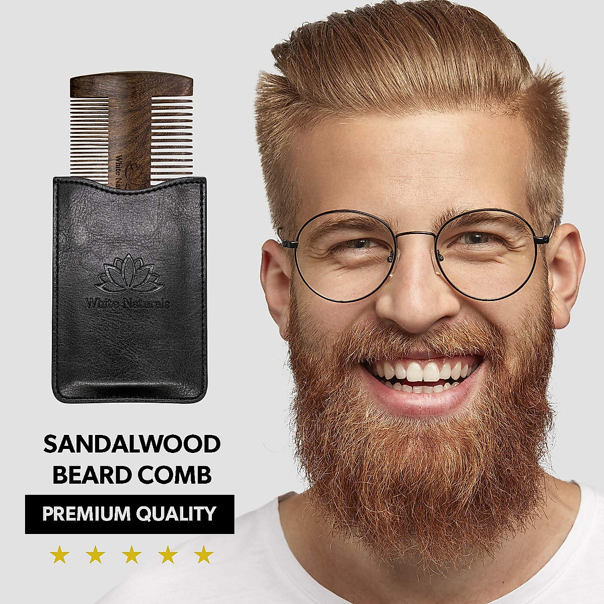 Beard Comb for Men, Wooden Natural Sandalwood, Fine Dual Action Teeth Beard Comb, Handmade Premium Sandal Wood, Fine & Coarse Tooth Perfect for Balms and Oils, Includes PU Leather Case, Pocket Size