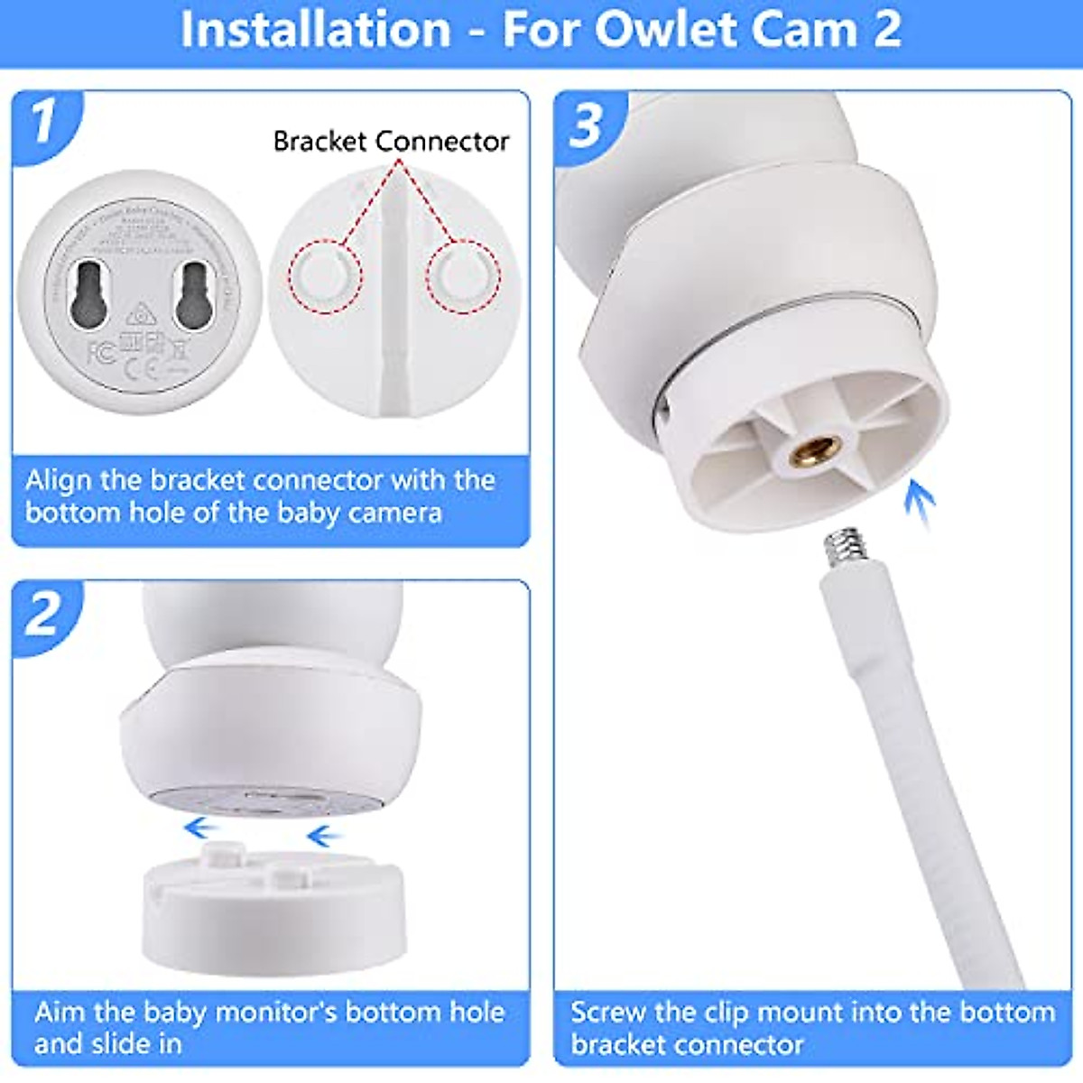 Flexible Clip Mount Compatible with Owlet, Motorola and Other Baby Monitor Camera with 1/4 Threaded Hole Without Tools or Wall Damage - White