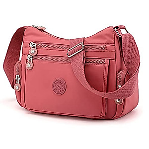 YaJaMa Multi Zipper Women Crossbody Bag Large Capacity Nylon Travel Shoulder Messenger Bag Handbag Satchel (Pink)