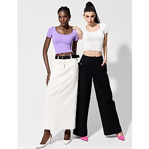 PUMIEY T Shirt for Women Short Sleeve Slim Fit Tops Scoop Neck Sexy Tee Women Clothing Splashed White Small