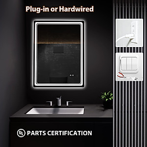 HOMECOOKIN Wall Mount 20x28 inches LED Mirror, Bathroom, Rectangular, Aluminum, Modern, Anti-Fog, Adjustable 3 Colors, Backlit