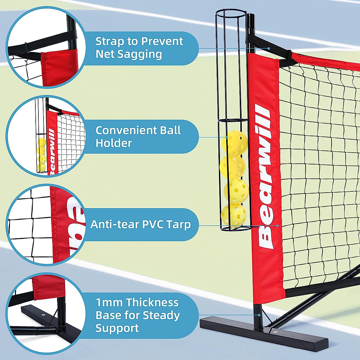 Bearwill Pickleball Net, 22 FT Pickleball Net for Driveway, Regulation Size Portable Pickle Ball Net for Outdoor Backyard, Steady Metal Frame with Court Marker, Ball Holder, 4 Pickleballs & Carry Bag