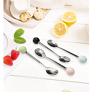 Ouliget Stainless Steel Tea Spoons, Mini Coffee Spoons, Dessert Spoons,Korean Small Spoons with Ceramic Ball, Spoons 4 Pieces 5.5 Inches 4 colors.
