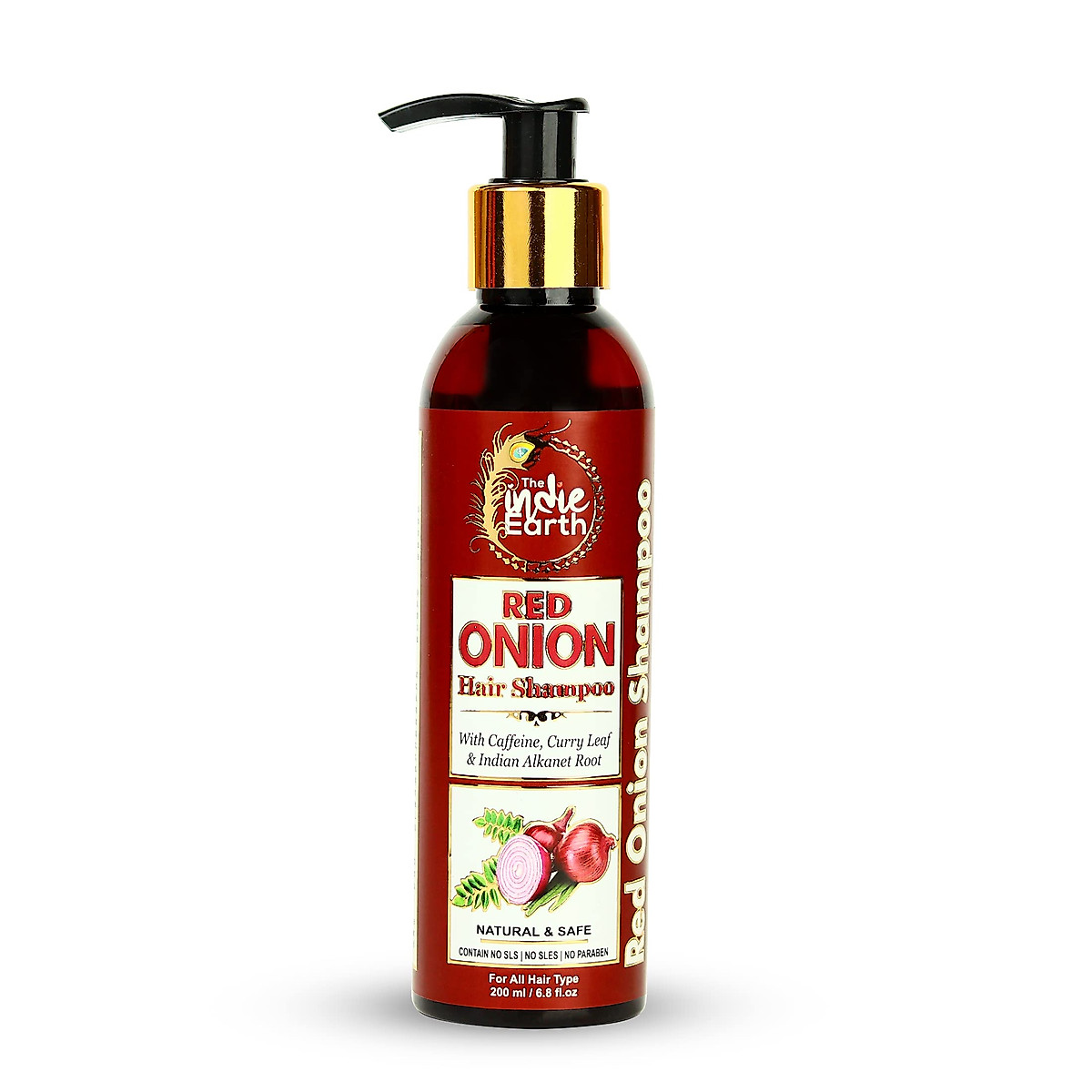 Red Onion Shampoo with Caffeine, Curry Leaf, and Indian Alkanet Root – Advanced Formula for Hair Fall Control, Split Ends Repair, and Dandruff Reduction – Gentle & Chemical-Free – 200ml