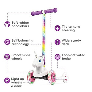 Dimensions Unicorn Kick Scooter for Kids, Self-Balancing 3 Wheeled Light Up Scooter with Extra Wide Anti-Slip Deck, Rear Brake, Lean to Steer, Lightweight Design, for Kids 3 and up, 75 LB Limit