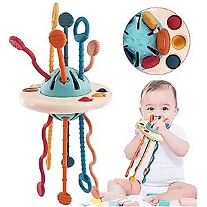 Baby Sensory Toys, Montessori Pull String Airplane Travel Toys for Toddlers 1-3, Montessori Toys for Babies 6-12 Months UFO Silicone Pull String Activity Toy Dawnier Pull Toy