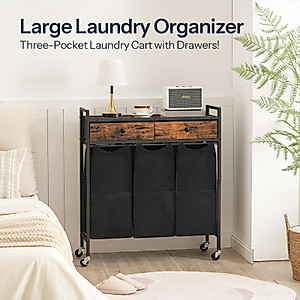 HOOBRO Laundry Sorter 3 Section, Laundry Hamper with 2 Non-Woven Drawers, Pull-Out Removable Oxford Fabric Laundry Bags, Laundry Basket, Laundry Room, Rustic Brown and Black BF78XY01