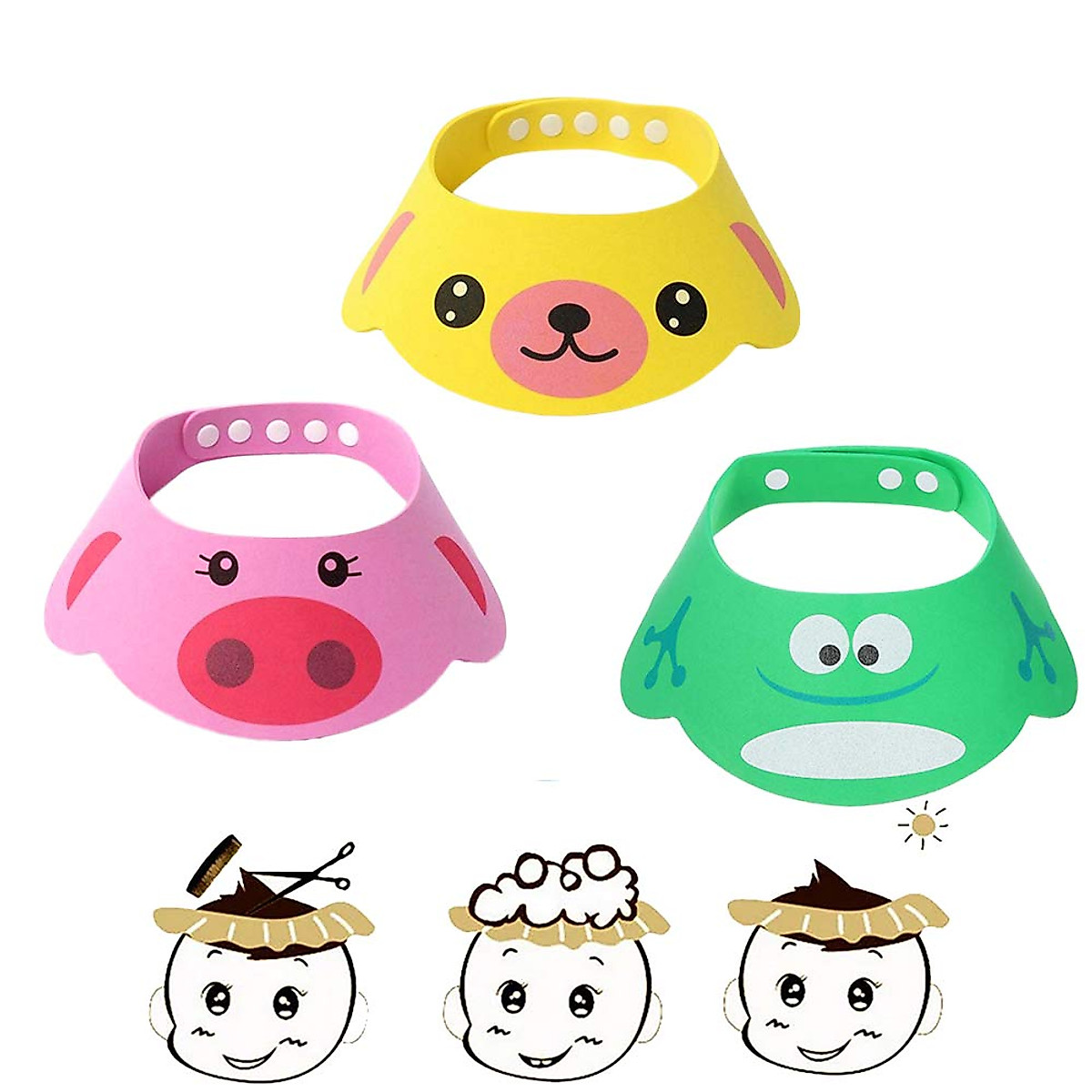 Adjustable Visor Cartoon Shampoo Shower Bathing Protection Cap for Toddler, Baby, Kids, Children, Set of 3