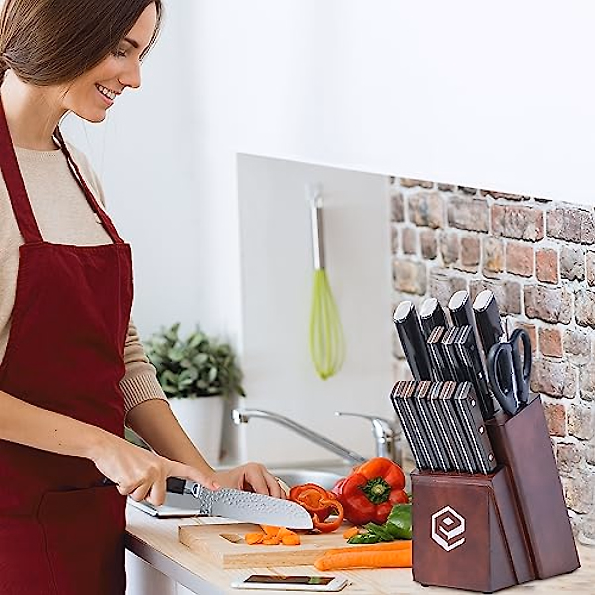 ECOMERR Kitchen Knife Set – 16 Piece German High Carbon Stainless Steel knife sets for kitchen with Block Wooden, Scissor and Knife Sharpener - Chef Knife Set & Rust proof