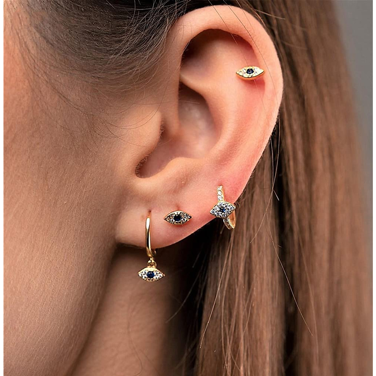 Dainty Evil Eye Mini Stud Earrings Sterling Silver Blue Crystal CZ Wedding Earring Ear Piercing Studs for Women (Gold)