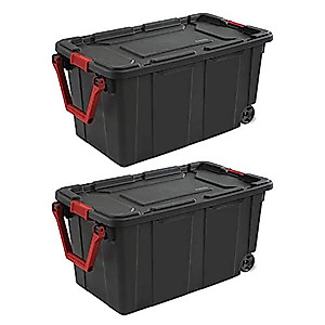 Astede 40 Gallon/151 Liter Wheeled Industrial Tote Black Lid And Base W/ Racer Red Handle And Latches 2-pack