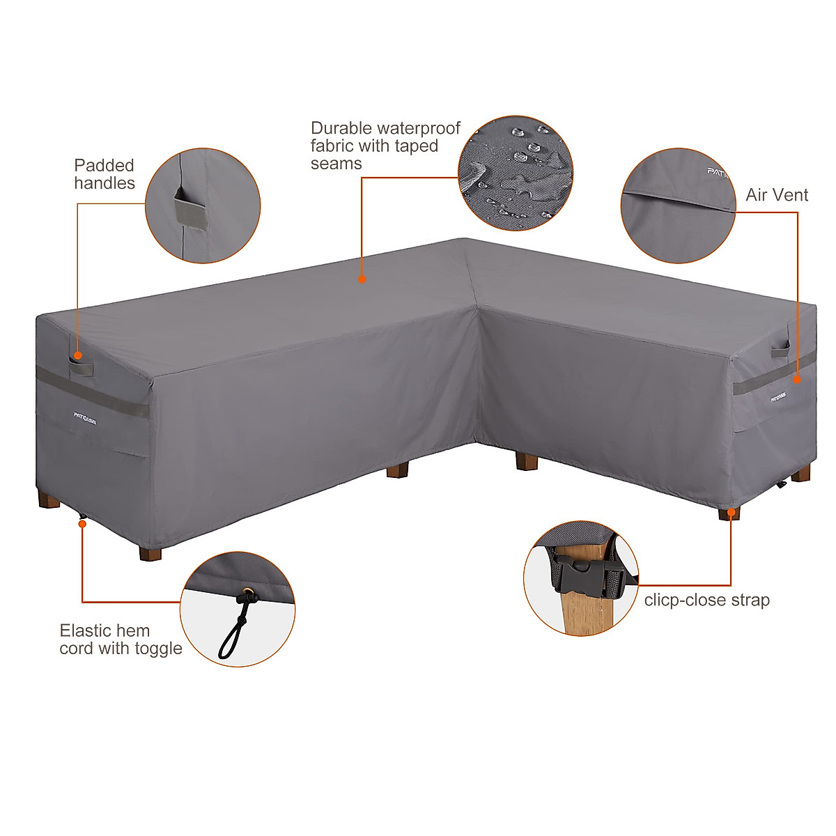 PATIOASIS Sectional Outdoor Furniture Cover Waterproof, Right Facing Patio Deck Lounge Set Sofa Covers Grey L Shaped 106''L x 85''L x 34''D x 31''/26''H