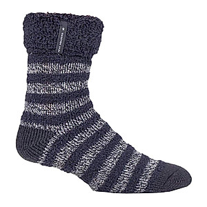 Heat Holders Mens Luxury Cozy Soft Fleece Lined Fluffy Bed Socks for Sleep (Charcoal Stripe (Olwen), 7-12)