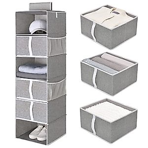 StorageWorks 6-Shelf Hanging Closet Shelves, Hanging Closet Organizer with 3 Drawers, Canvas, Light Gray, 12 ¼”D x 13 ½”W x 47 ¾”H