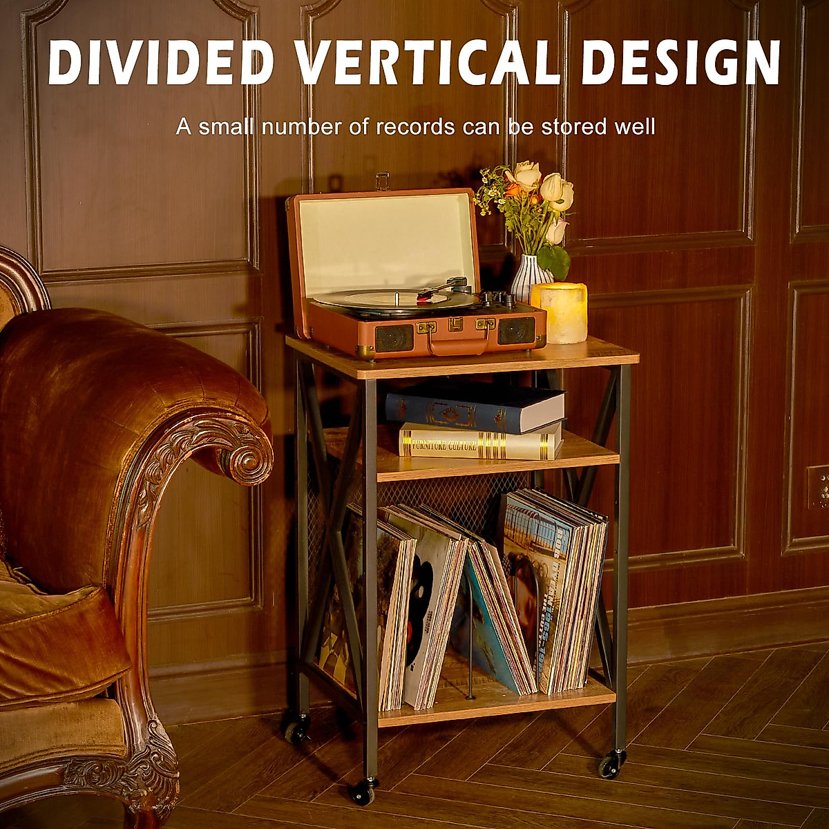 Record Player Stand With Vinyl Storage 3 Tier Rolling Vinyl Record Storage With 3 Adjustable Divinder Record Player Table Turntable Stand Shelf With Wheels Record Holder For Albums