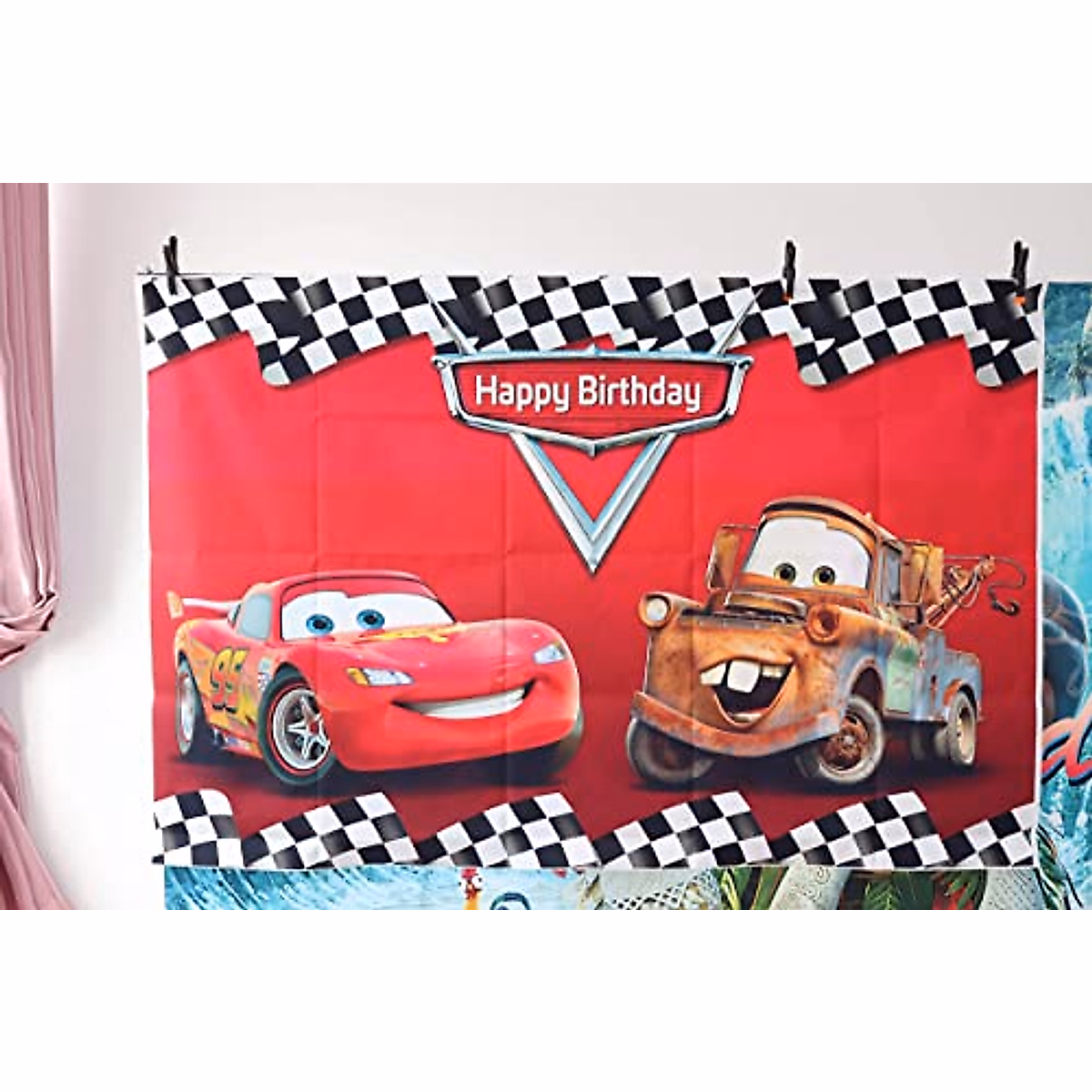 Botong 7x5ft Cartoon Car Birthday Party Themed Backdrops Car Racing Story Black White Grid Red Photo Backgrounds for Photography Birthday Party Banner
