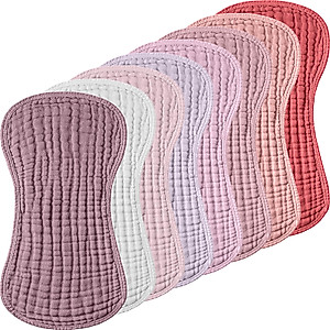 Frienda 8 Pieces Muslin Burp Cloths for Baby Cotton Burp Cloth 10 x 20 Inches Multi Colors Muslin Washcloths Diapers 4 Absorbent Layers Newborn Face Towels for Baby Boy Girl Unisex (Pink Purple Color)