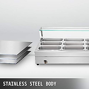 VEVOR 110V Bain Marie Food Warmer 9 Pan x 1/3 GN, Food Grade Stainelss Steel Commercial Food Steam Table 6-Inch Deep, 1500W Electric Countertop Food Warmer 63 Quart with Tempered Glass Shield