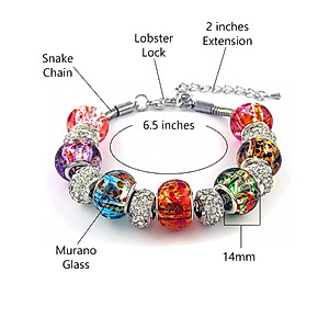 Savlano Silver Tone Snake Chain Charm Bracelet Crystal and Murano Glass Beads with 2 inch Extension for Women Comes with Gift Box