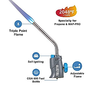 BLUEFIRE MRS-7014B Trigger Start Gas Welding Torch Head for Propane & MAP PRO Fuel,Extend 1.5" Burning Tube Nozzle Piezo Self Ignition Handhold Cylinder Soldering Brazing Triple-Point Flame