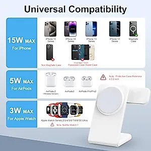 Houflody 3 in 1 Magnetic Wireless Charging Station, Wireless Charger for Magsafe with PD 20W Adapter for iPhone 15 14 13 12/Pro/Pro Max/Plus/Mini, Apple Watch Ultra/SE/9 to 2, AirPods 3/2/pro, White