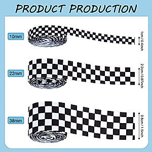 Kuscul 3 Rolls White Checkered Printed Ribbon Black Grosgrain Ribbon Racing Car Theme Checkered Ribbon Gingham Buffalo Plaid Wrapping Ribbon for DIY Crafts Wreath Gift Wrapping, 15 Yard